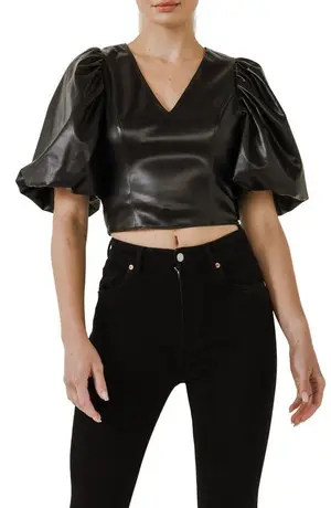 Endless Rose Puff Sleeve Faux Leather Top