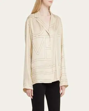 TOTEME Monogram-embroidered Silk Pajama Top - Natural