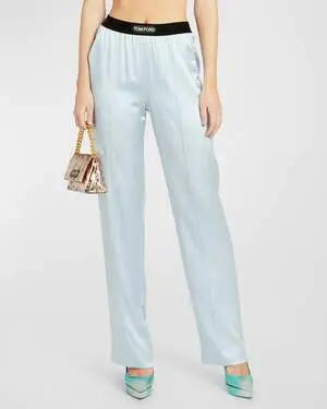 TOM FORD Logo-banded Silk Pj Pants Pale Blue