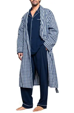PETITE PLUME Gingham Cotton Twill Robe - Navy