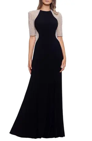 XSCAPE EVENINGS Beaded Detail Gown - Blknudslvr