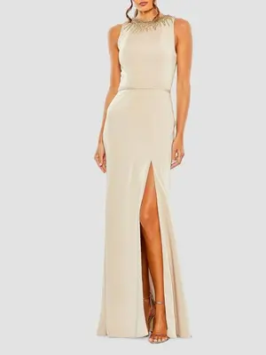 Mac Duggal Ieena Beaded-neck Jersey Gown - Champagne