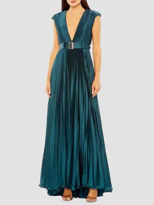 Mac Duggal Ieena Satin Pleated Gown - Midnight