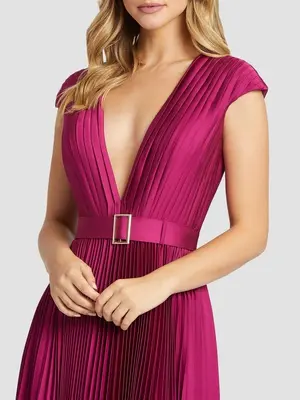 Mac Duggal Ieena Satin Pleated Gown - Raspberry