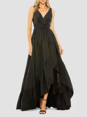 Mac Duggal Satin Flounce V-neck Gown Black