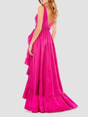 Mac Duggal Satin Flounce V-neck Gown - Magenta
