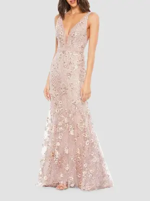 Mac Duggal Embroidered Floral Modified A-line Gown - Rose Pink