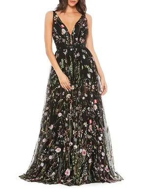 Mac Duggal Floral A-line Gown Black Multi