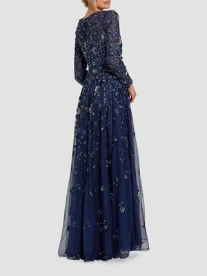 Mac Duggal Floral A-line Gown - Navy