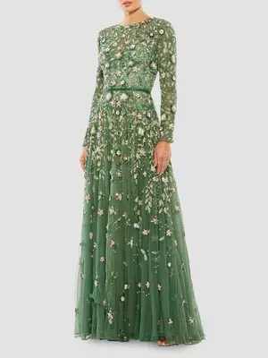 Mac Duggal Floral A-line Gown - Sage