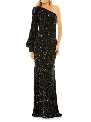 Mac Duggal Metallic One-shoulder Gown Black