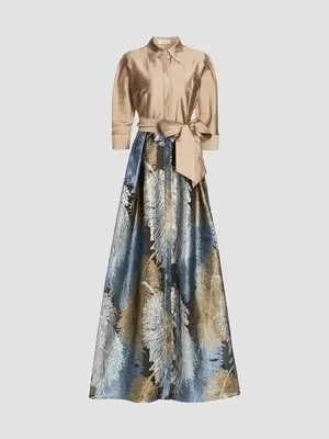 Rickie Freeman For Teri Jon Two-tone Feather Jacquard Shirt Gown - Gold Multi