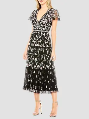 Mac Duggal Floral Midi Dress - Black Multi