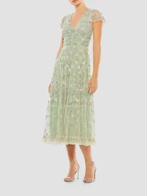 Mac Duggal Floral Midi Dress - Sage Multi