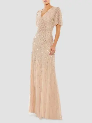 Mac Duggal Sequined Beaded Tulle Gown Beige