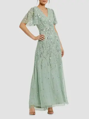 Mac Duggal Sequined Beaded Tulle Gown - Sage