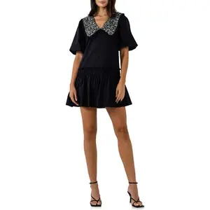 English Factory Floral Collar Mini Dress - Black