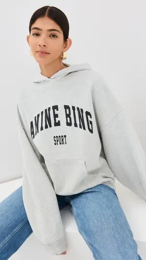 ANINE BING Harvey Distressed Logo Hoodie - Grey Melange