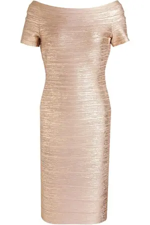 Herve Leger Metallic Coated Bandage Mini Dress - Rose Gold