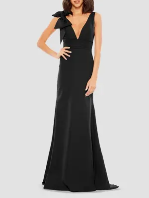 Mac Duggal Bow V-neck A-line Gown - Black