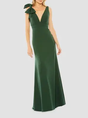 Mac Duggal Bow V-neck A-line Gown Emerald