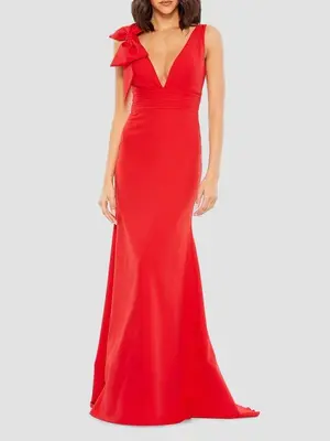 Mac Duggal Bow V-neck A-line Gown Red