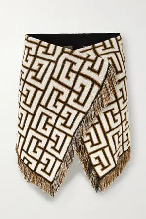 Balmain Wrap-effect Fringed Jacquard-knit Mini Skirt