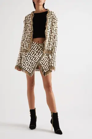 Balmain Wrap-effect Fringed Jacquard-knit Mini Skirt