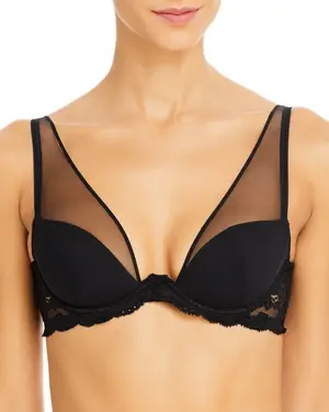 FLEUR DU MAL Charlotte Sheer Overlay Lace Plunge Bra - Black