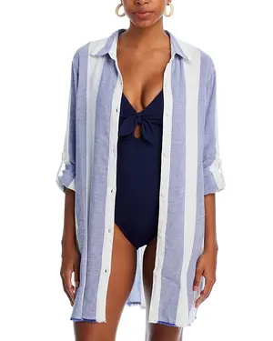 Tommy Bahama Rugby Beach Stripe Boyfriend Shirt Swim Coverup - White
