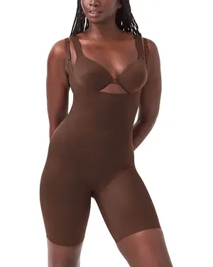 Spanx Thinstincts 2.0 Open Bust Mid Thigh Bodysuit Chestnut Brown