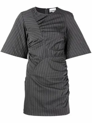 GANNI Gathered Pinstriped Minidress - Grey