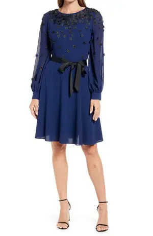 Shani Floral Embellished Long Sleeve Fit-and-flare Dress
