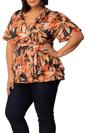 KIYONNA Kiyonna Encore Print Faux Wrap Top Black Multi