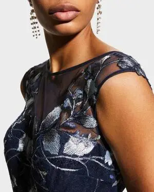 Rickie Freeman For Teri Jon Embroidered Tulle Gown - Navy Silver