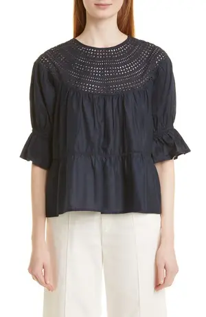 Merlette Sol Tiered Eyelet Pima Cotton Top Navy