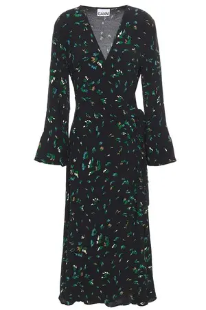 GANNI Printed Crepe Midi Wrap Dress - Green
