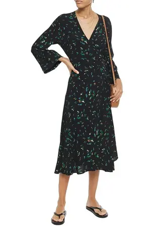 GANNI Printed Crepe Midi Wrap Dress