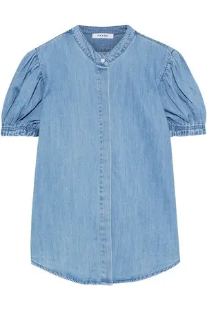 FRAME Gathered Denim Blouse - Mid Denim