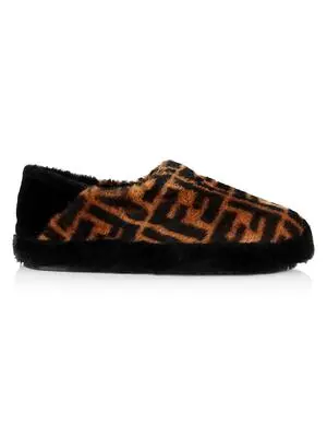 Fendi Men's FF Pantofola Montone Shearling Slippers - Tobacco Nero - Size 10 - Tobacco Nero  - Tobacco Nero