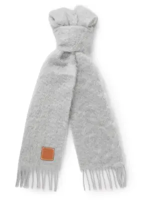 Loewe Logo-appliquéd Fringed Mohair-blend Scarf - Gray