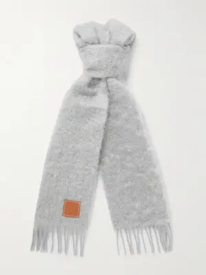 Loewe Logo-appliquéd Fringed Mohair-blend Scarf - Gray