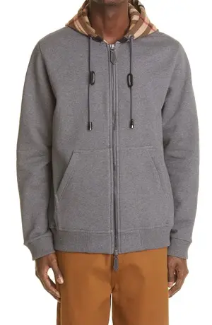Burberry Samuel Check Zip Hoodie Dark Grey Melange