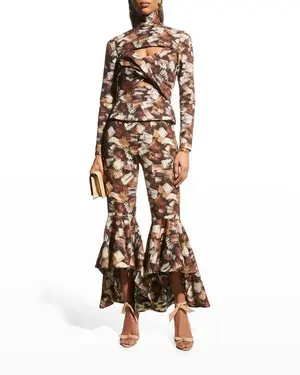 AUTUMN ADEIGBO Keiko Turtleneck Cutout Blouse - Brown Paint