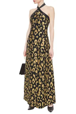 TEMPERLEY LONDON Metallic Leopard Jacquard Halterneck Midi Dress - Black