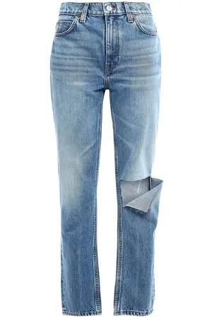 RE/DONE 70s Distressed Highrise Straightleg Jeans - Mid Denim