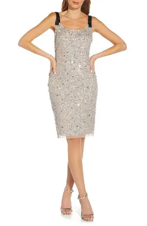 Adrianna Papell Beaded Mesh Cocktail Dress With Ribbon Straps