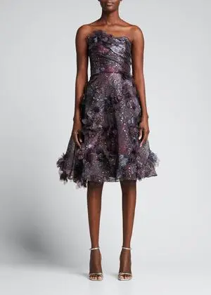 Marchesa Strapless Printed Organza Fit-&-Flare Dress In Burgundy - 51% Off  | Editorialist