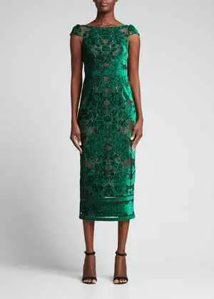 Marchesa Cap-Sleeve Velvet Cutwork Dress In Emerald - 51% Off | Editorialist