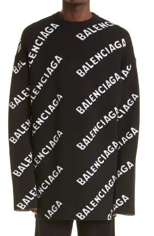 Balenciaga Intarsia Diagonal Logo Oversize Wool Blend Sweater Black/ White